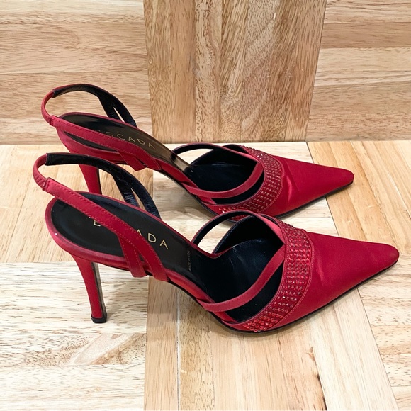 Escada | Shoes | Vintage Escada Red Satin Embellished Pointy Toe Sling ...